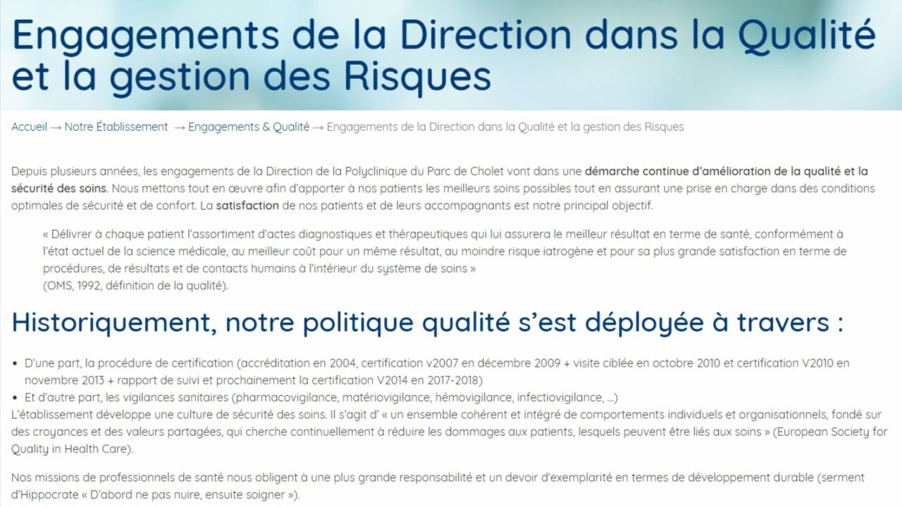 Engagements de la Direction dans la qualité et gestion des risques